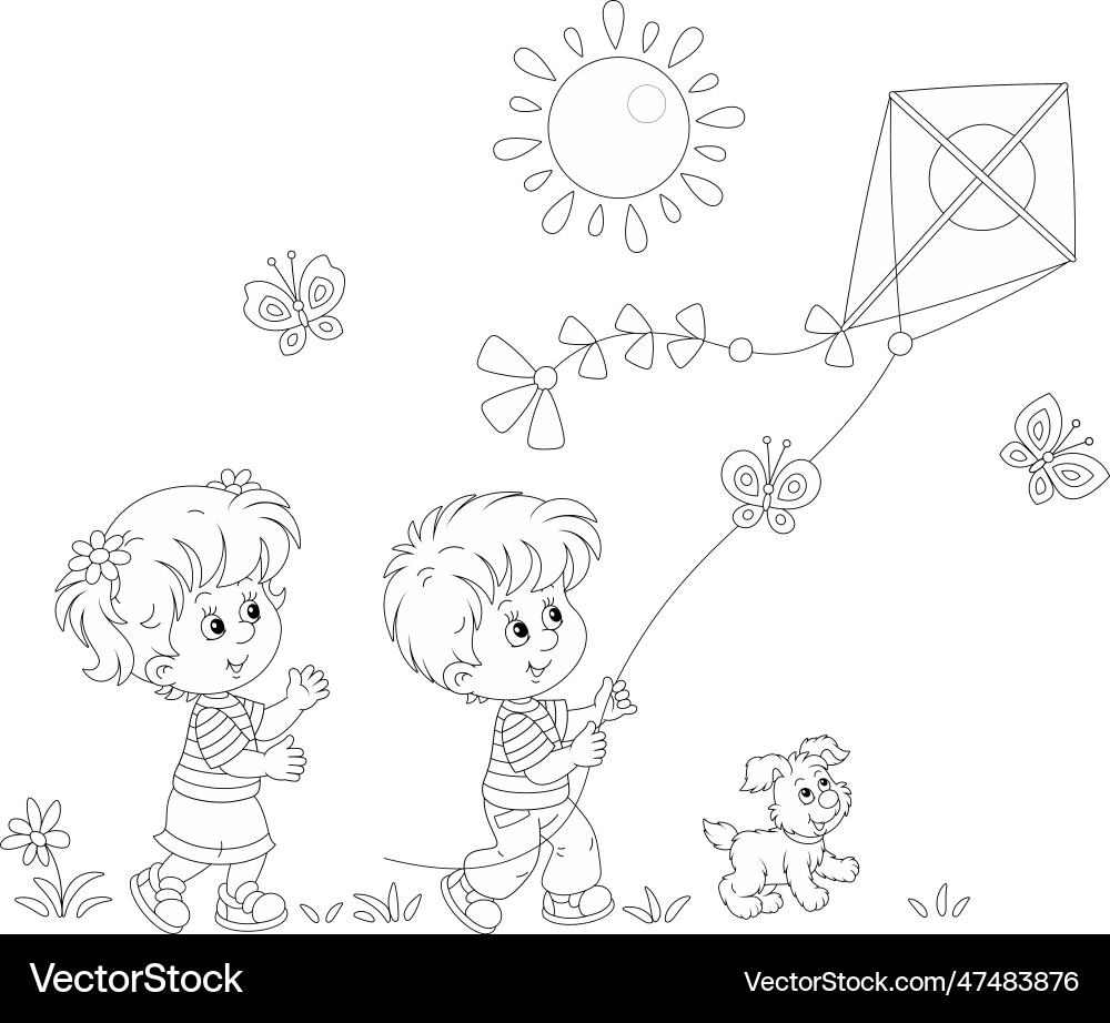 Happy children playing with a flying kite Vector Image