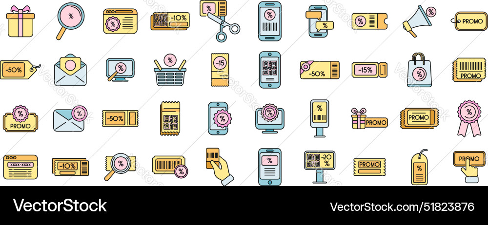 Promotional code icons set color line Royalty Free Vector
