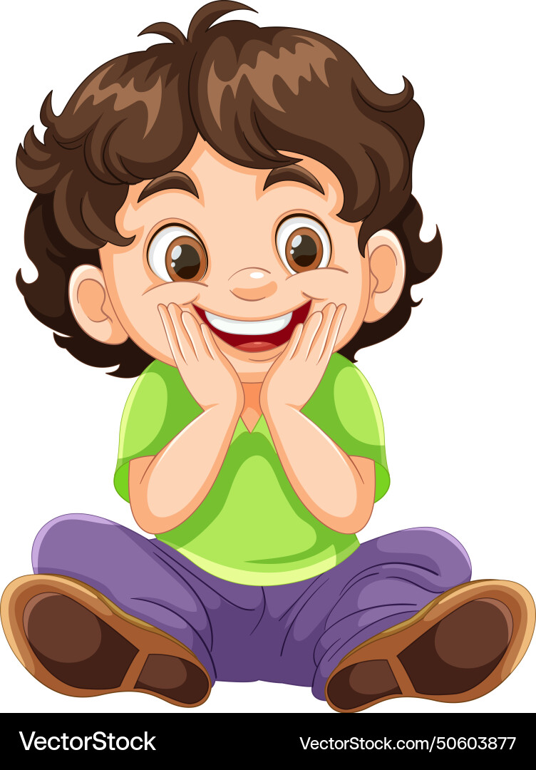 Happy cartoon boy sitting with a joyful expression
