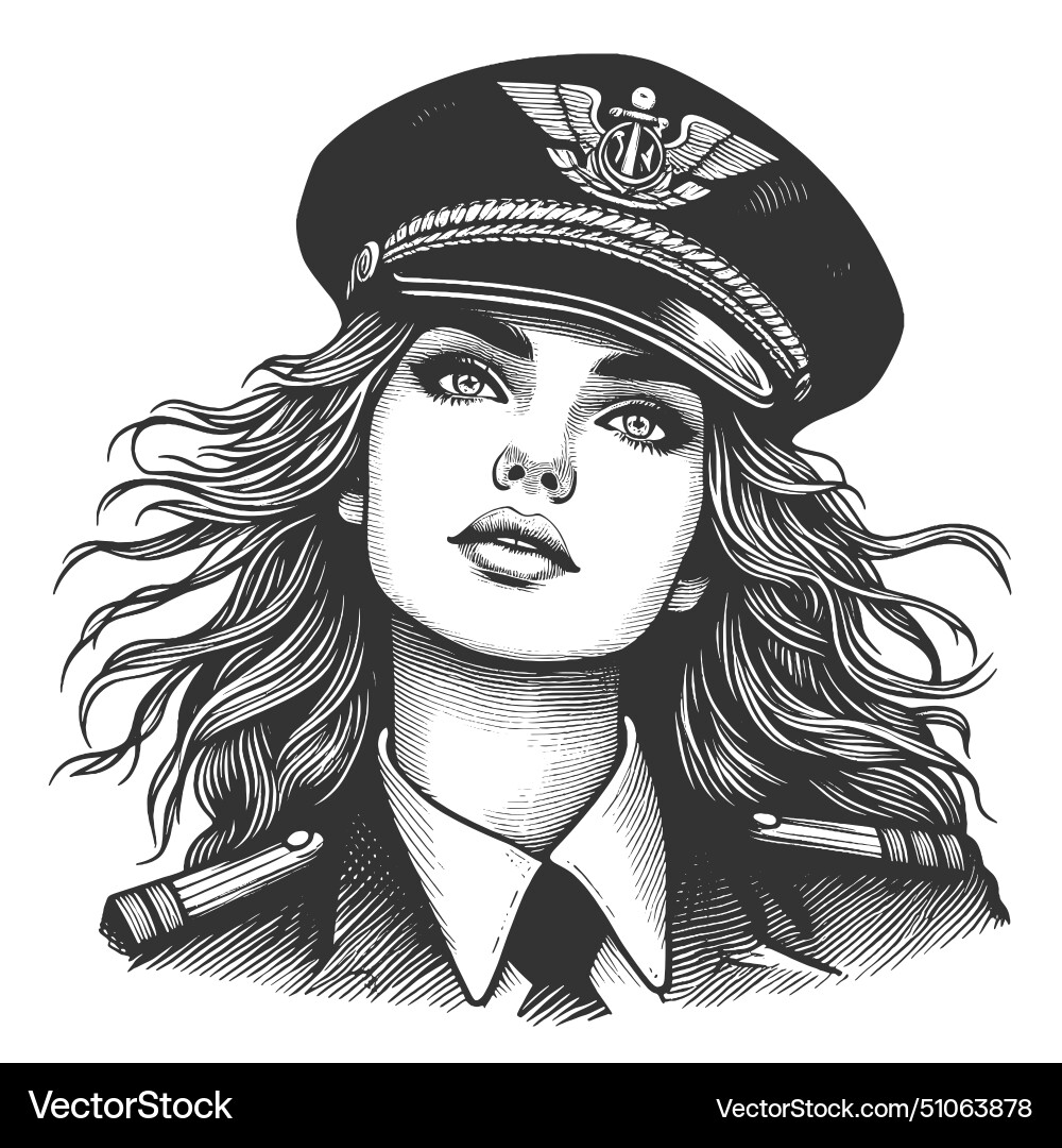 Female pilot engraving sketch Royalty Free Vector Image