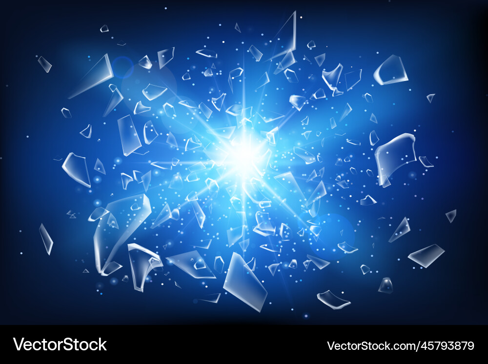 Blue light broken glass shatter 3d explode Vector Image