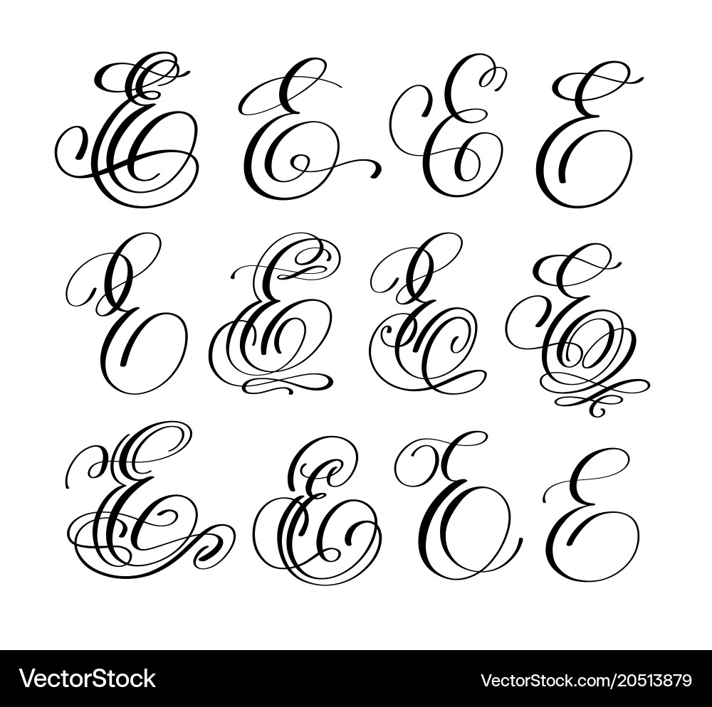 Calligraphy lettering script font e set Royalty Free Vector