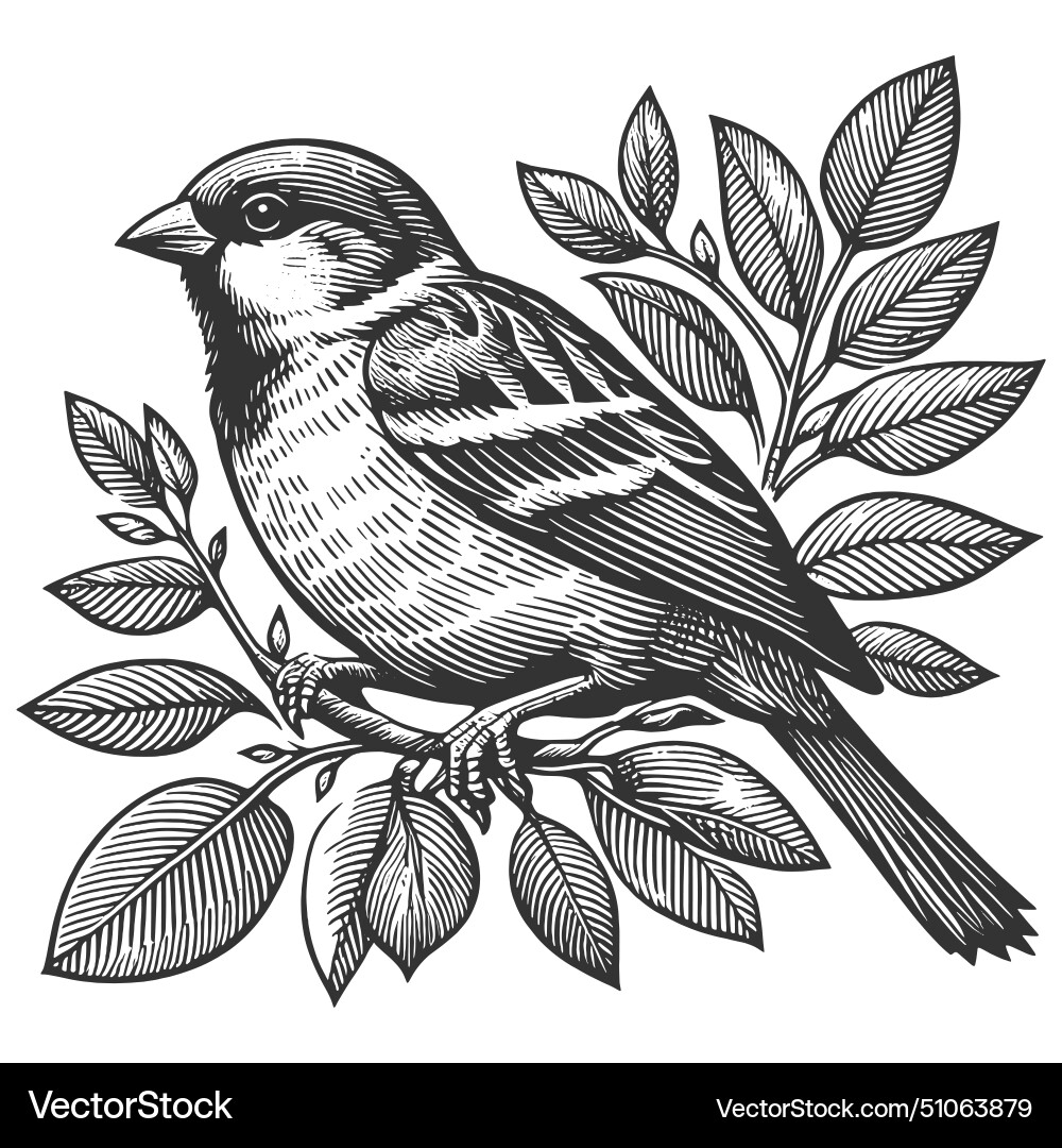 Engraved finch onbranch engraving Royalty Free Vector Image