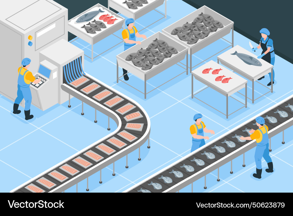 Fishing production isometric background Royalty Free Vector
