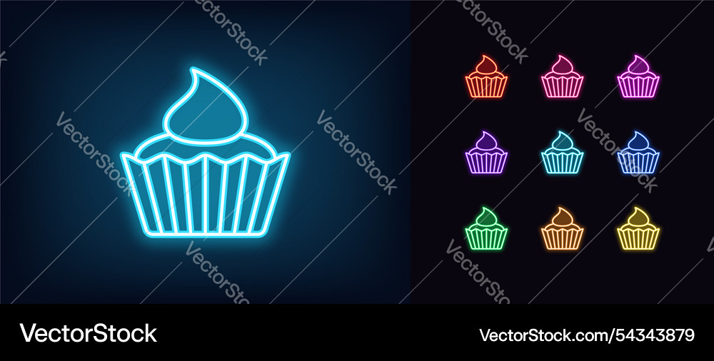Outline neon cupcake icon set glowing Royalty Free Vector