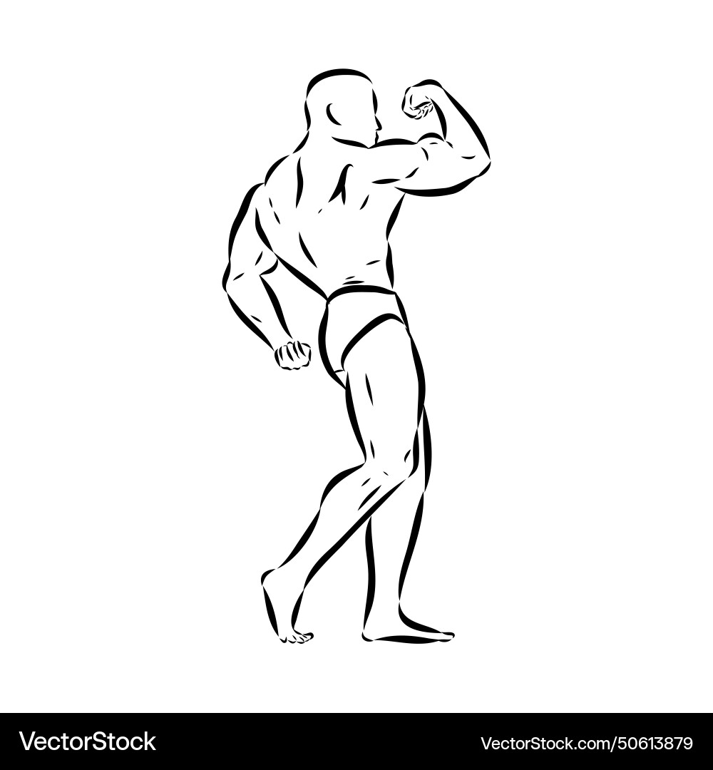 Posing bodybuilder isolated silhouette ink drawing