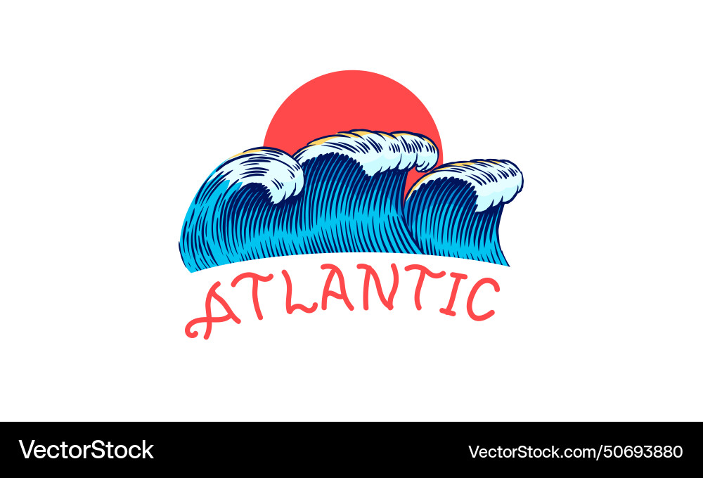 A logo for atlantic with waves and red sun Vector Image