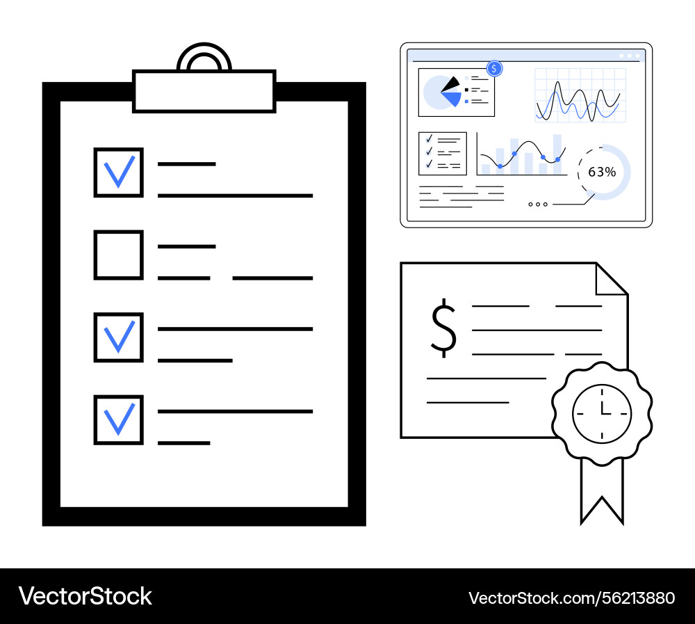 Checklist analytics dashboard and certified Vector Image