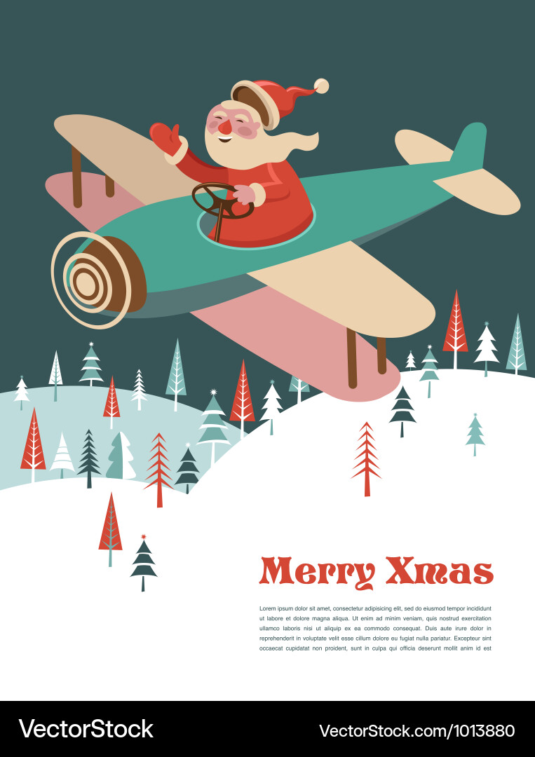 Christmas background with retro airplane and santa