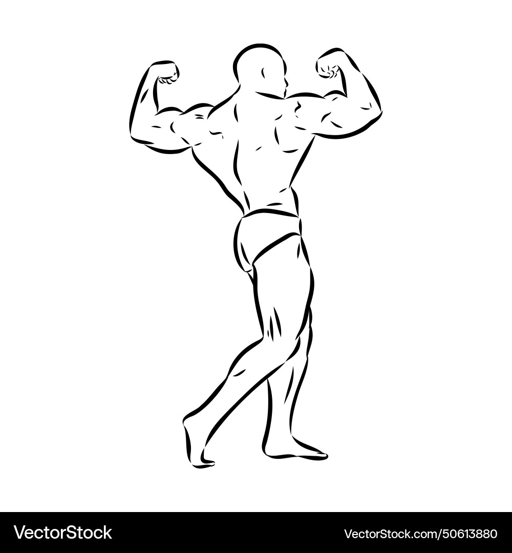 Posing bodybuilder isolated silhouette ink drawing