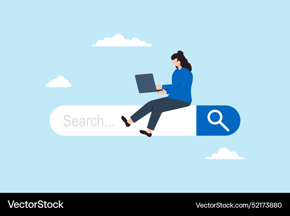 Woman working with laptop on search box Royalty Free Vector