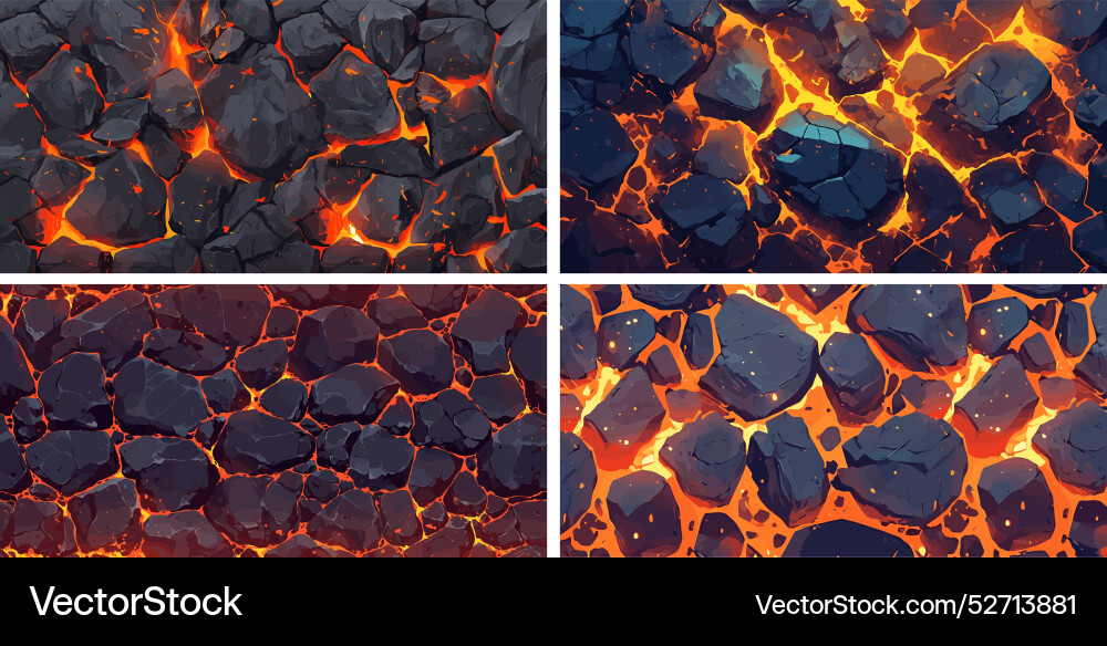 Cartoon lava ground set volcano rocks texture top Vector Image
