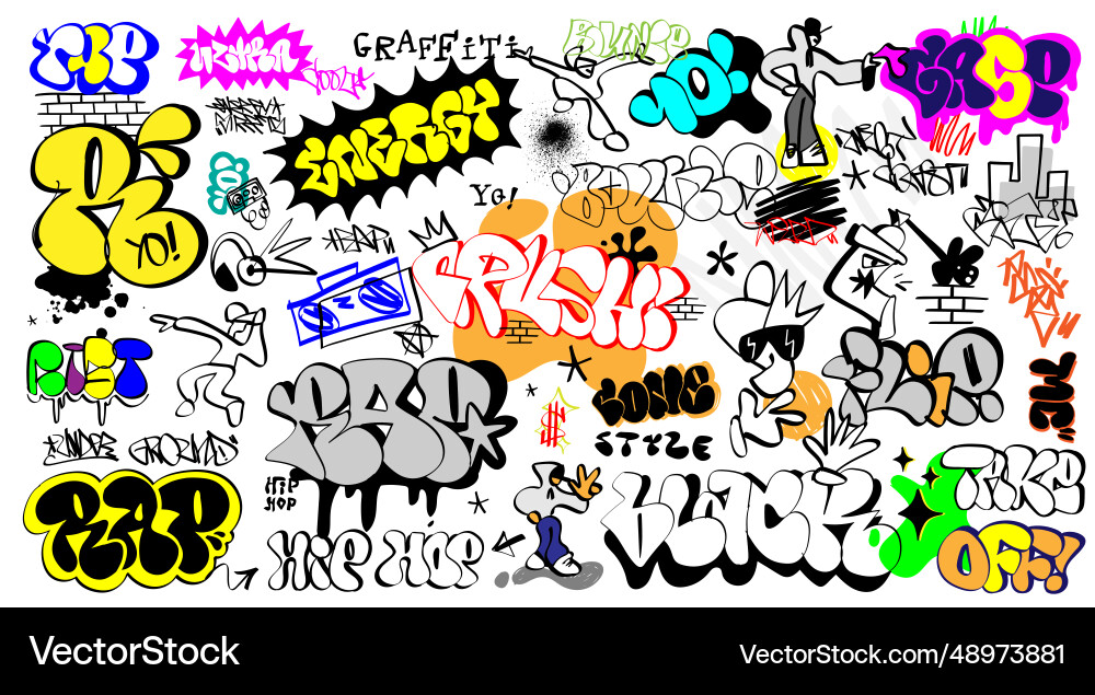 Rap graffiti lettering doodles background Vector Image