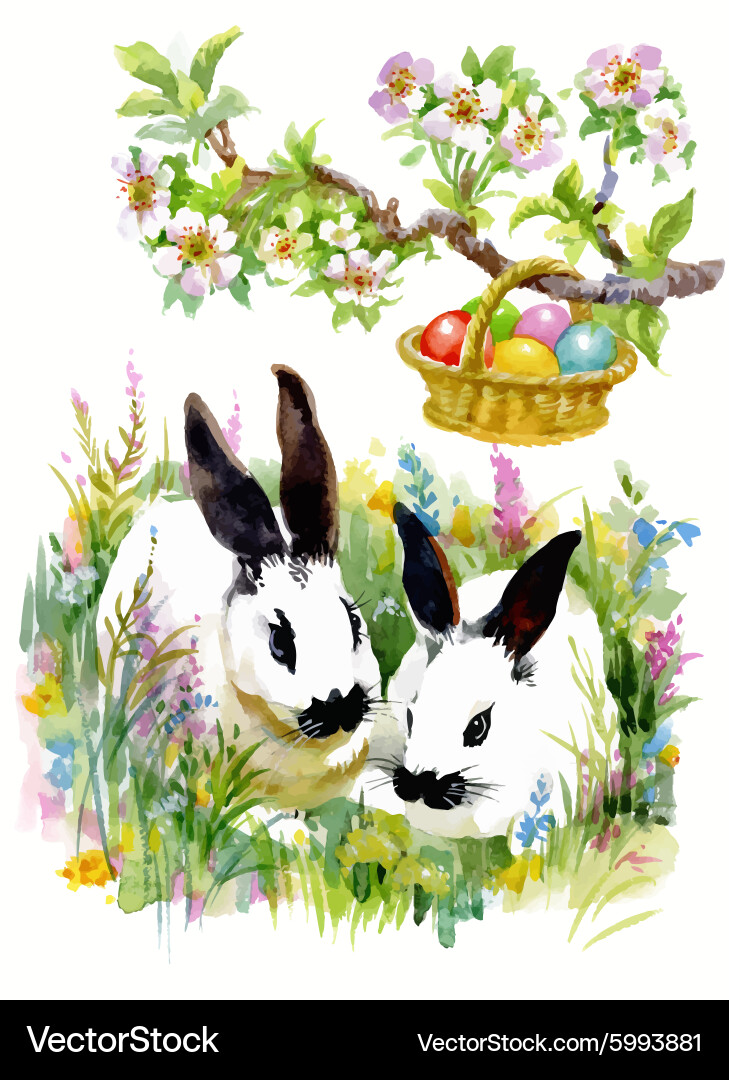 Watercolor Rabbits in Spring Meadow Royalty Free Vector