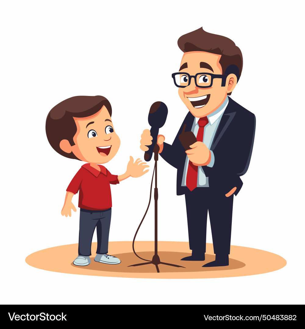 Cartoon man speaking into microphone with little Vector Image