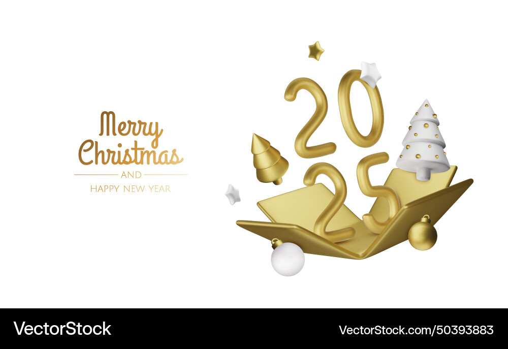 2025 happy new year realistic gift box golden Vector Image