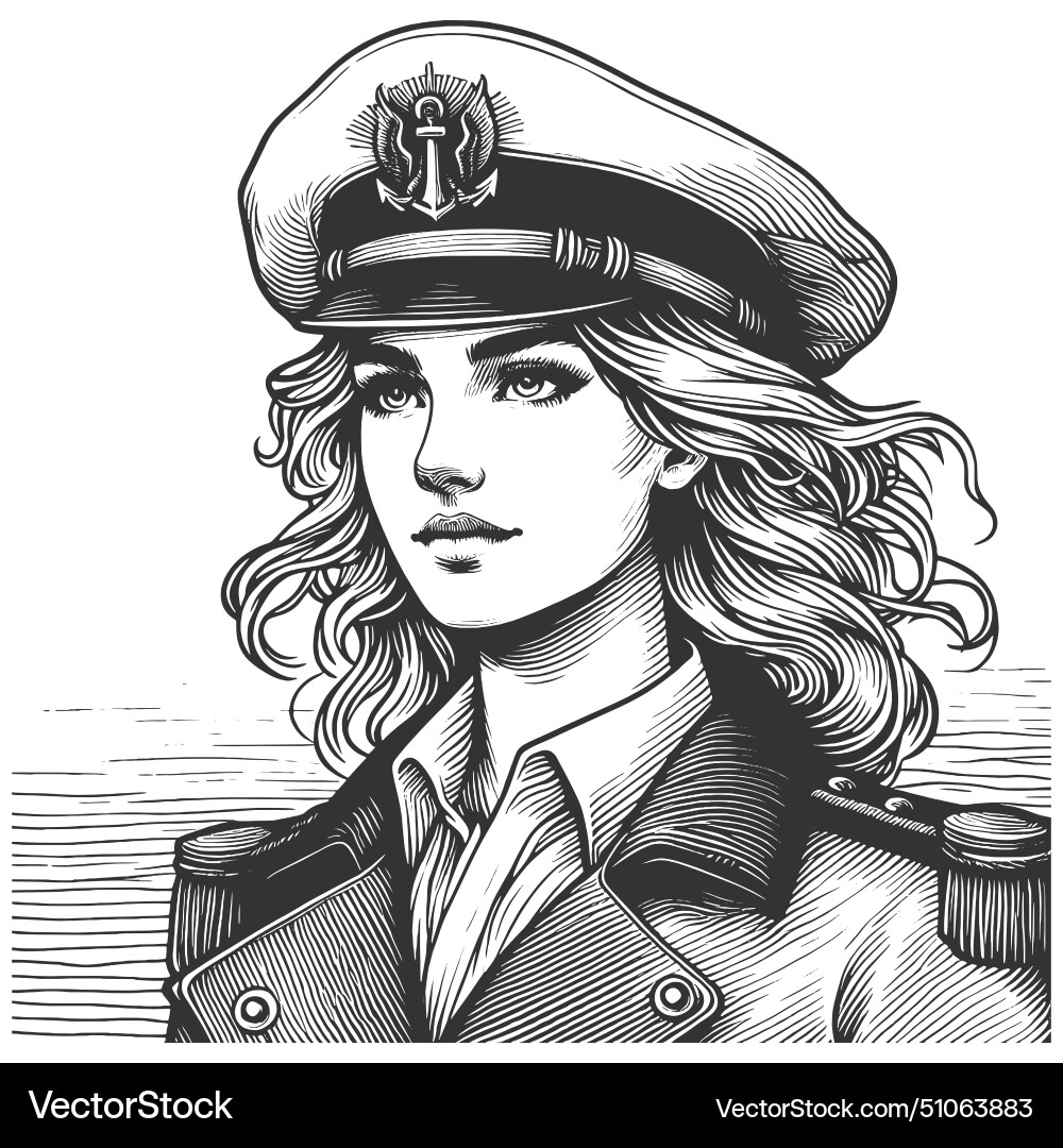 Female captain portrait engraving Royalty Free Vector Image