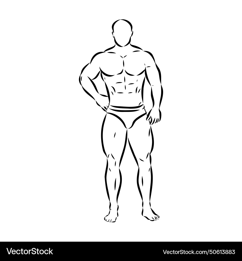 Posing bodybuilder isolated silhouette ink drawing