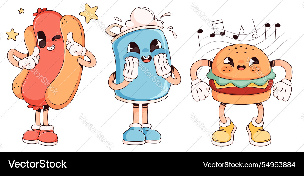Groovy fast food characters set Royalty Free Vector Image