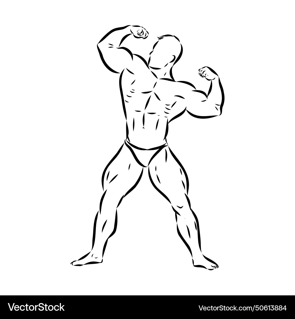 Posing bodybuilder isolated silhouette ink drawing