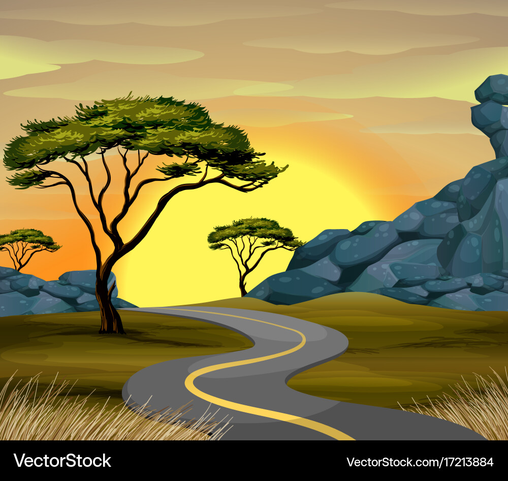 Road scene at sunset time Royalty Free Vector Image