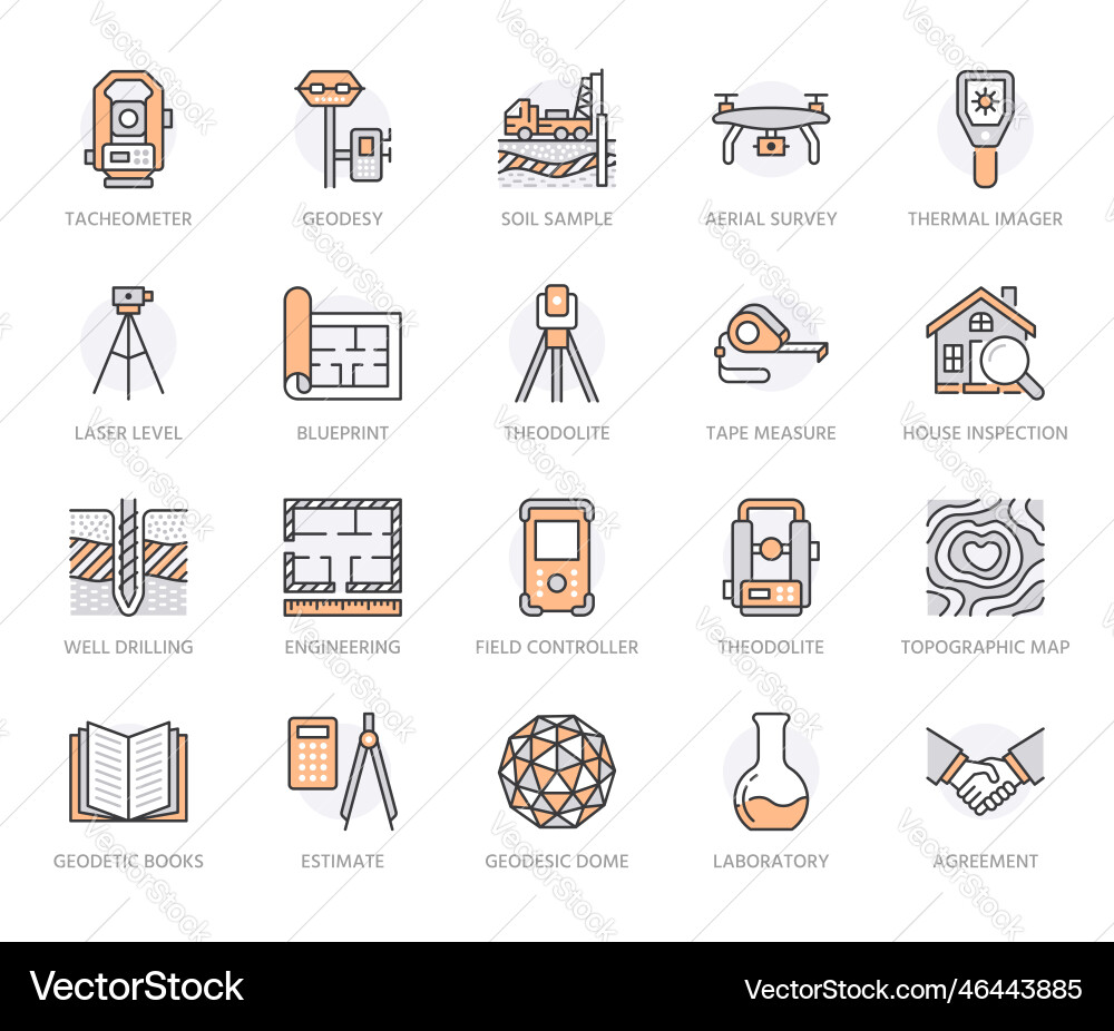Geodesy flat line icons geodetic survey Royalty Free Vector