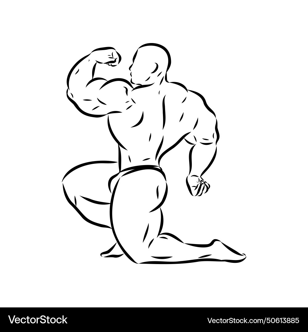 Posing bodybuilder isolated silhouette ink drawing