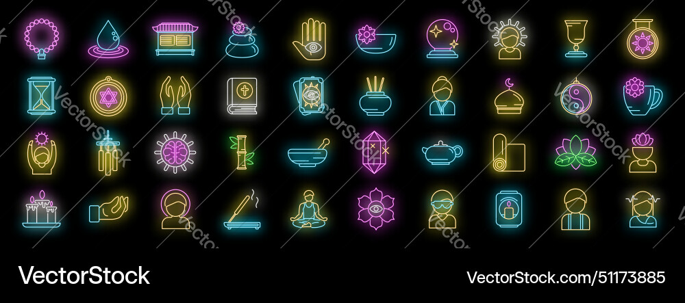 Spiritual practices icons set neon Royalty Free Vector Image