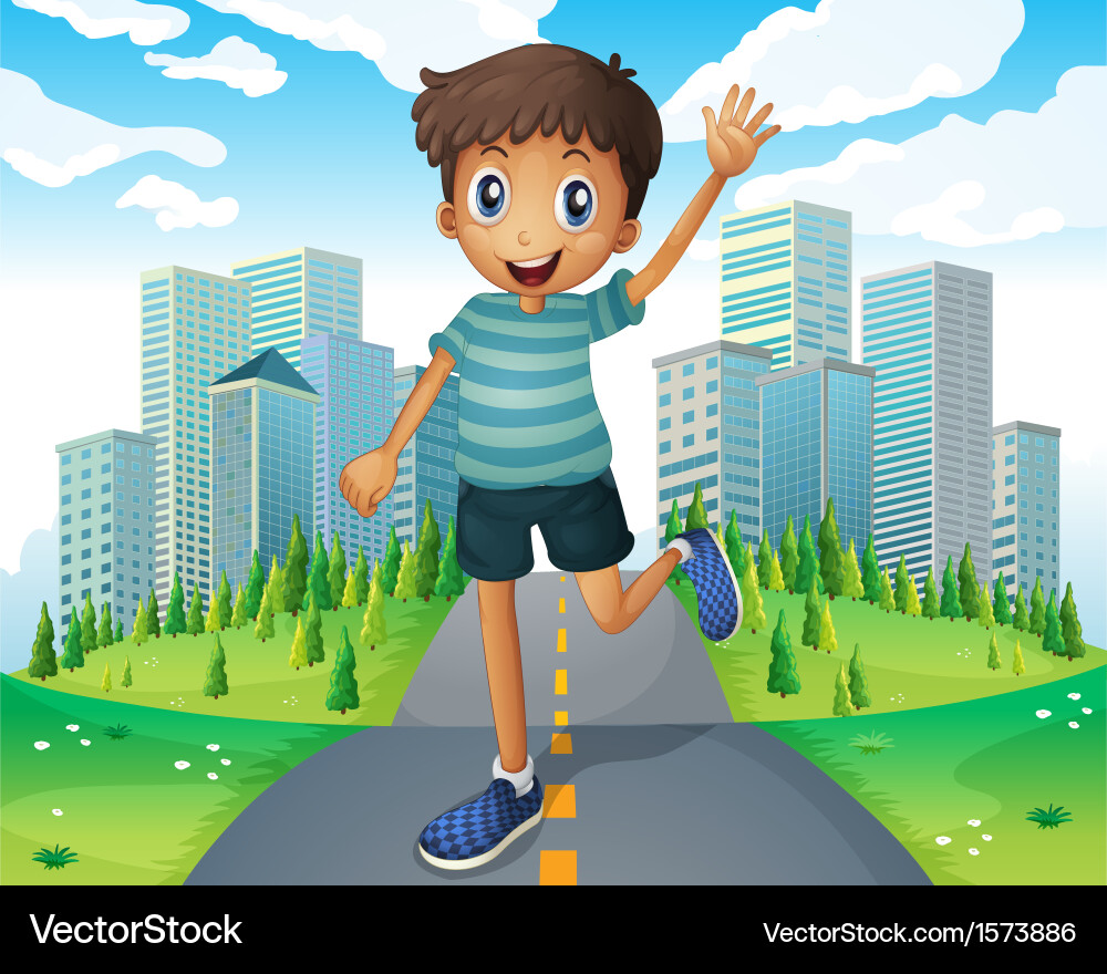 A boy waving while running in the middle Vector Image