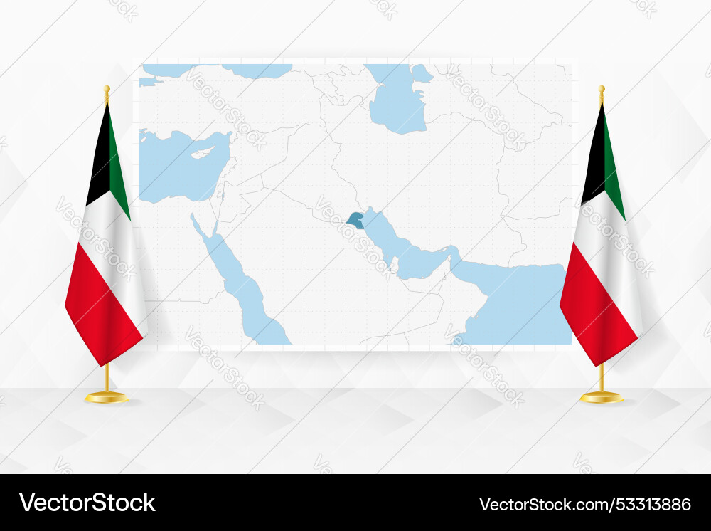 Map of kuwait and flags on flag stand Royalty Free Vector