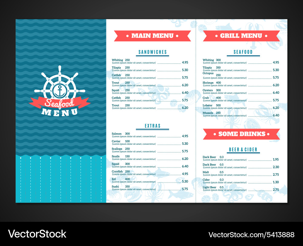 Seafood menu template Royalty Free Vector Image