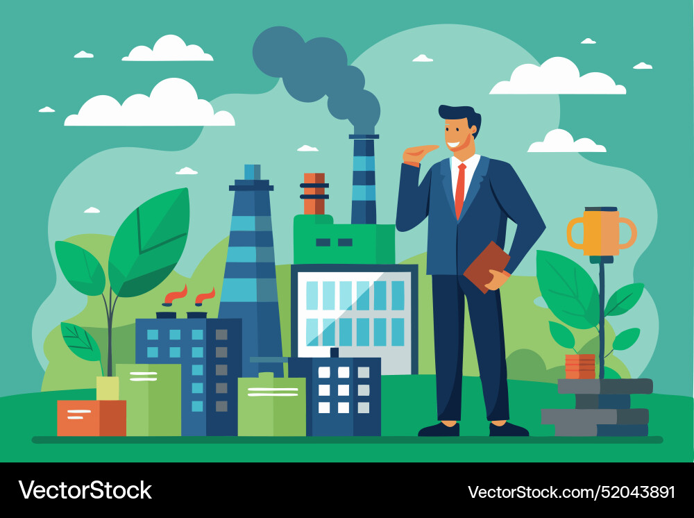 Businessman evaluating factory emissions Vector Image