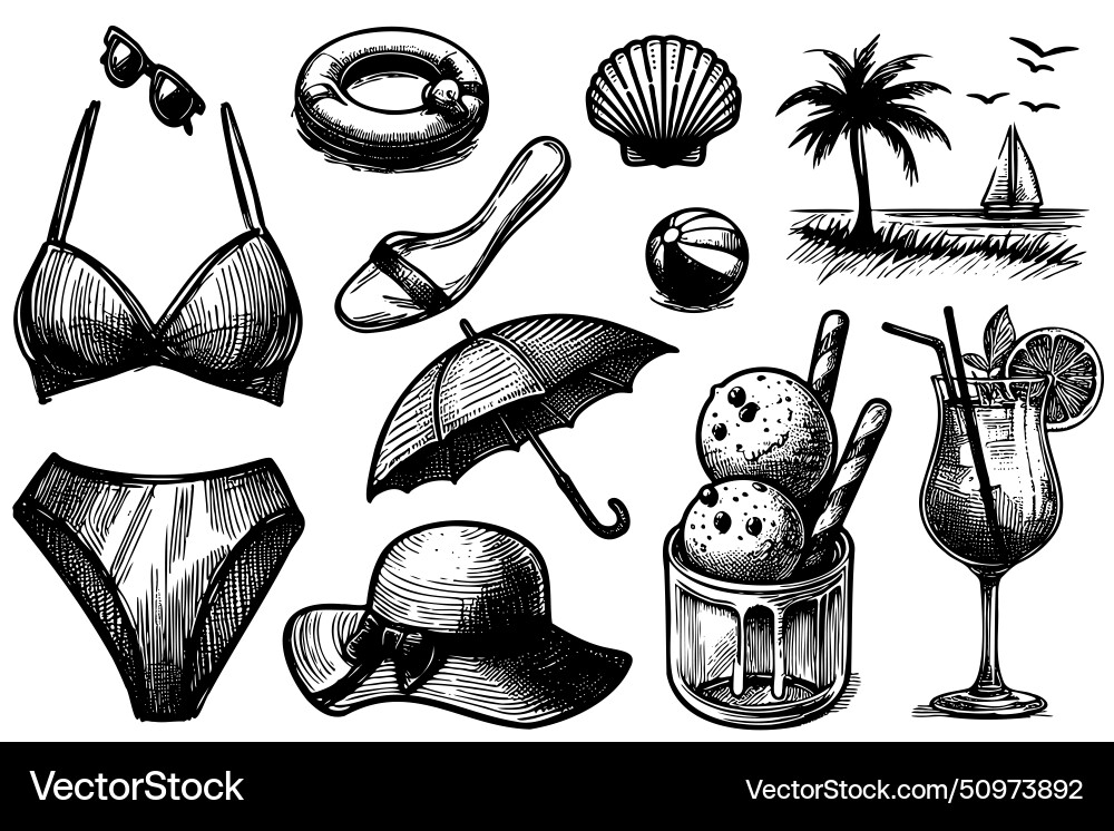 A set beach-themed drawings including bikini Vector Image