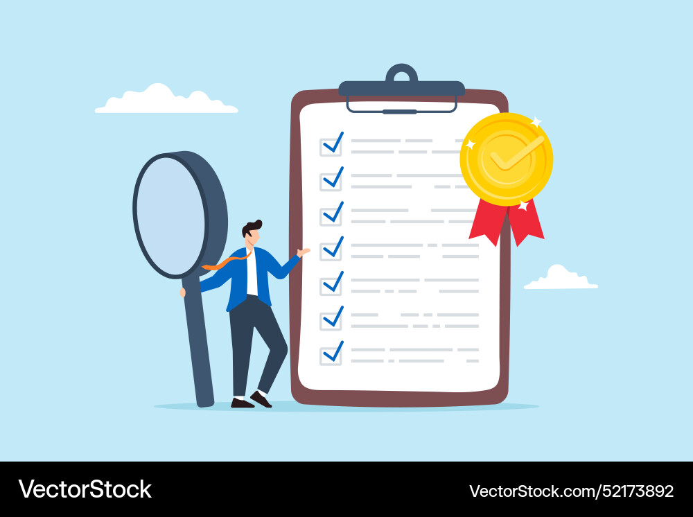 Businessman inspect quality control badge Vector Image