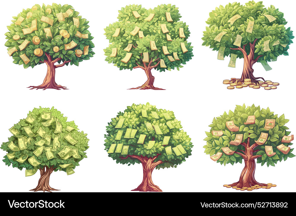 Cartoon money tree set concept growing dollar Vector Image
