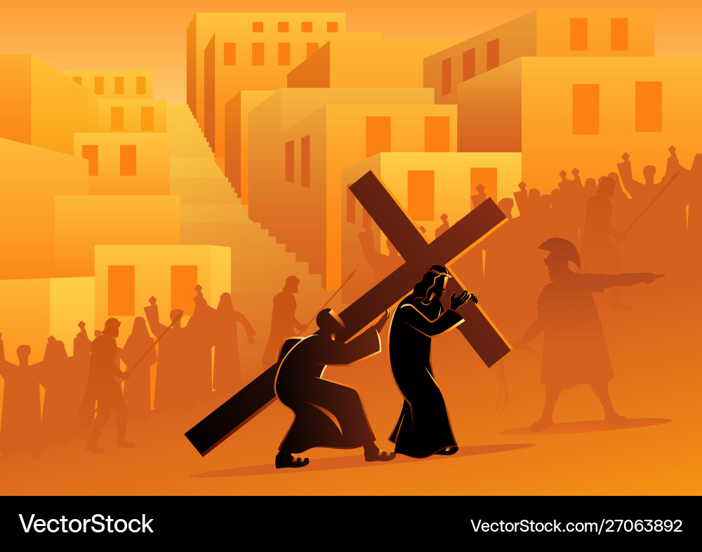 Simon cyrene helps jesus carry his cross Vector Image