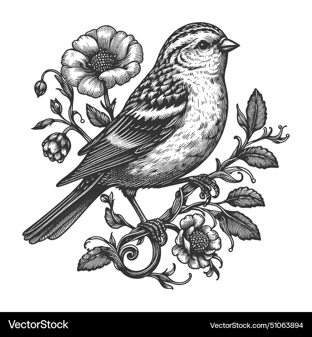 Engraved finch onbranch engraving Royalty Free Vector Image