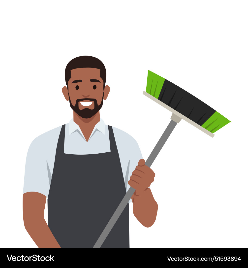 Young janitor man uniform with broom in one hand Vector Image