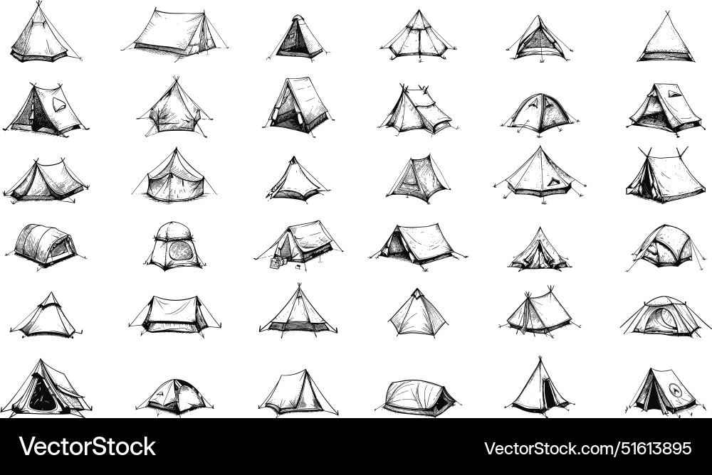 Doodle camping tents set hand-drawn outdoor Vector Image