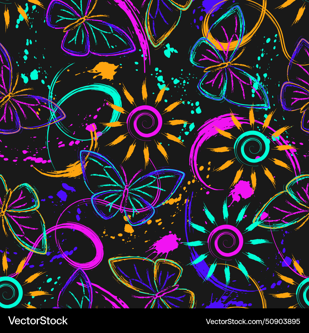 Fluorescent fantasy pattern with sun butterfly Vector Image