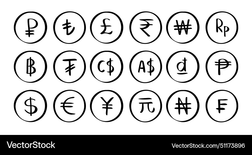 Hand drawn doodle set currency symbol currencies Vector Image