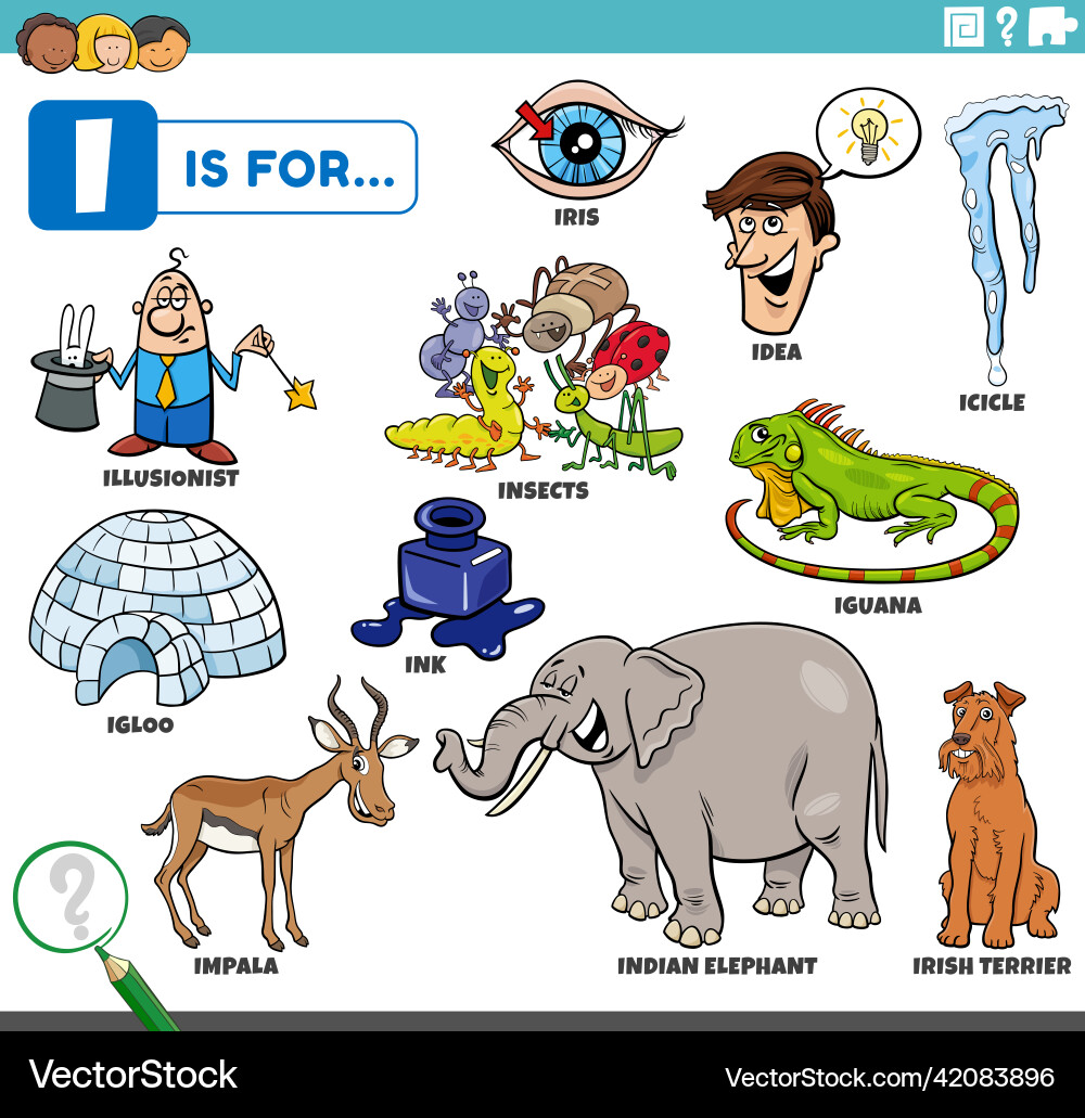 Letter i words educational set with cartoon Vector Image