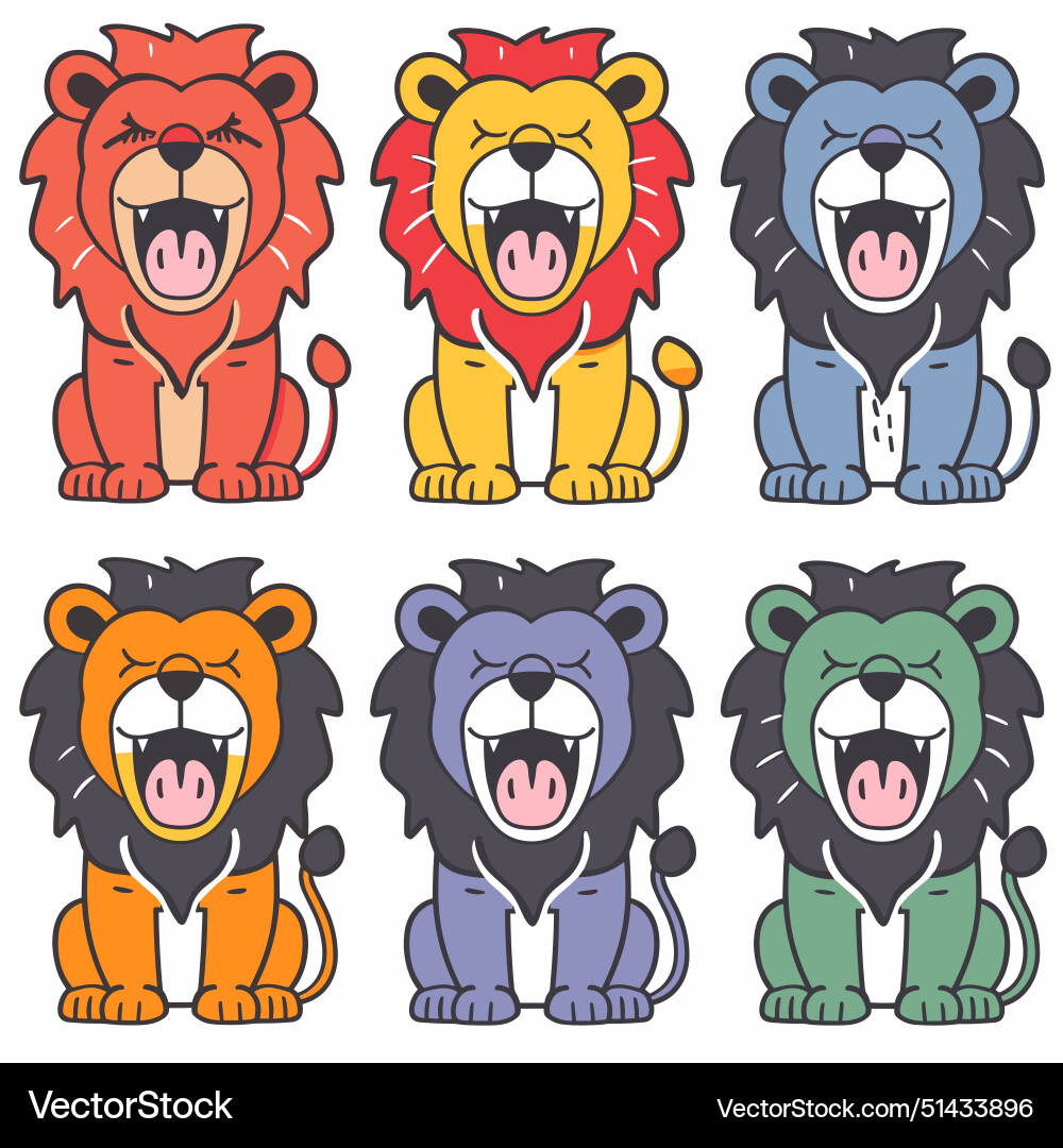 Six cartoon lions expressing different emotions Vector Image
