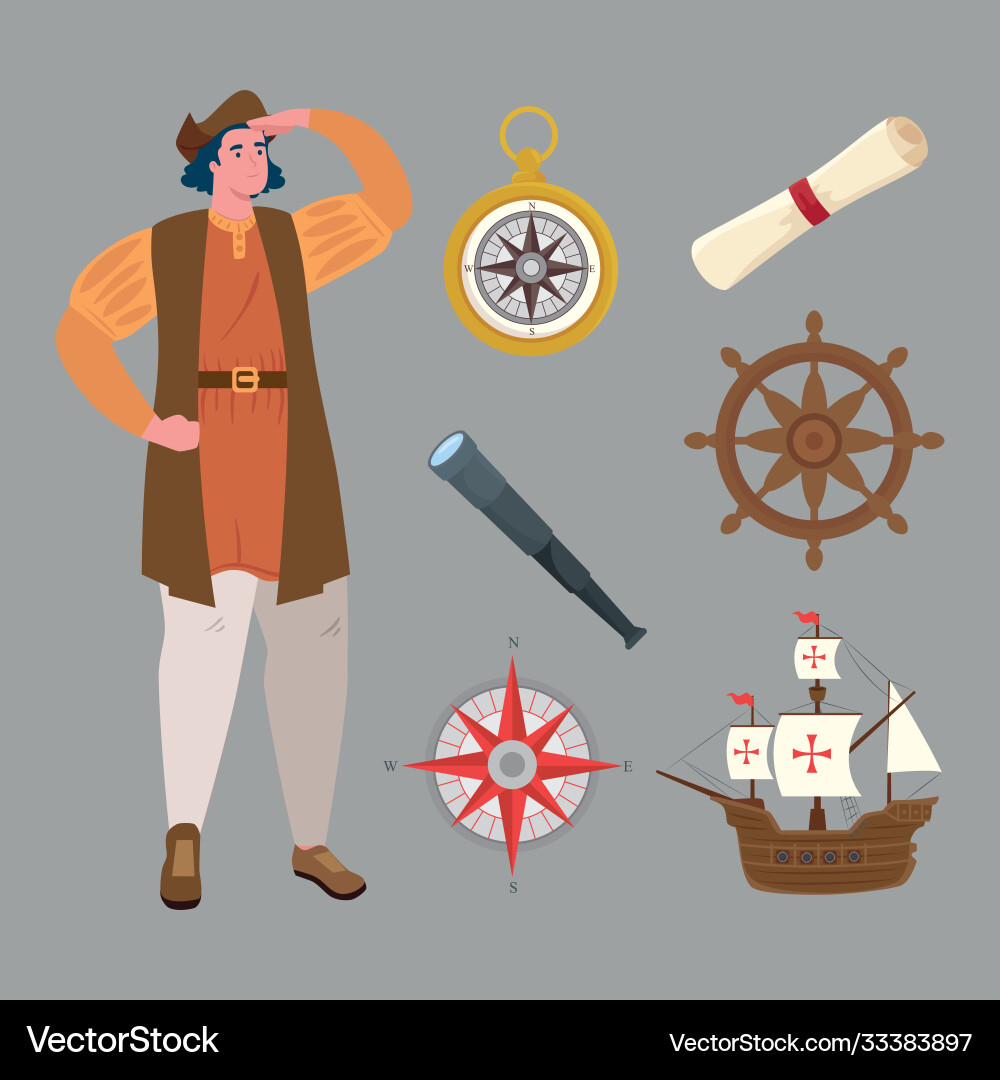 Christopher columbus cartoon with icon set Vector Image