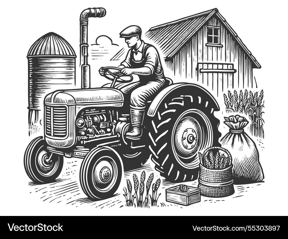Farmer driving tractor on a farm engraving Vector Image