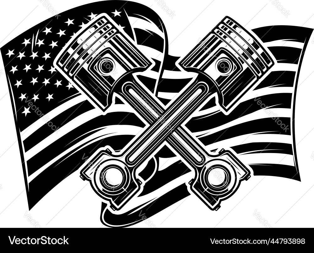 Crossed pistons on us flag background design Vector Image