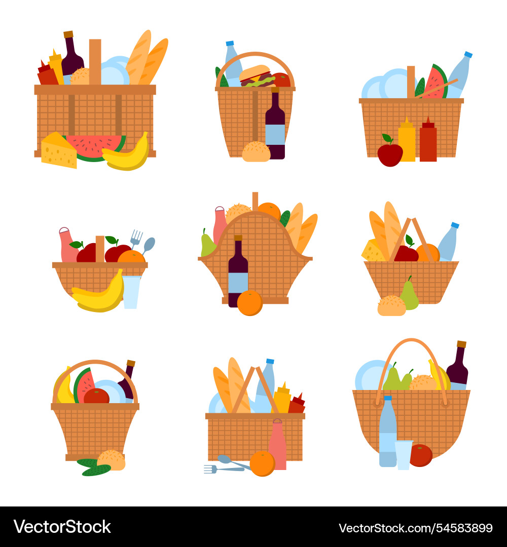 Cartoon color picnic baskets icon set Royalty Free Vector