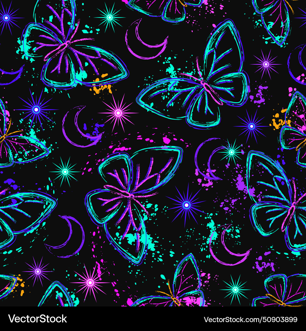 Neon celestial pattern with sun butterfly Vector Image