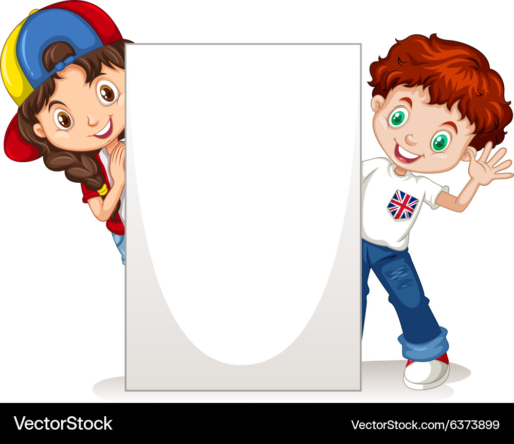 Two Children Behind a Blank Sign Royalty Free Vector Image