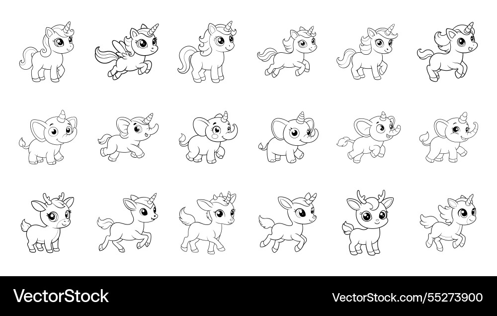 Elephant and deer unicorn character coloring page Vector Image